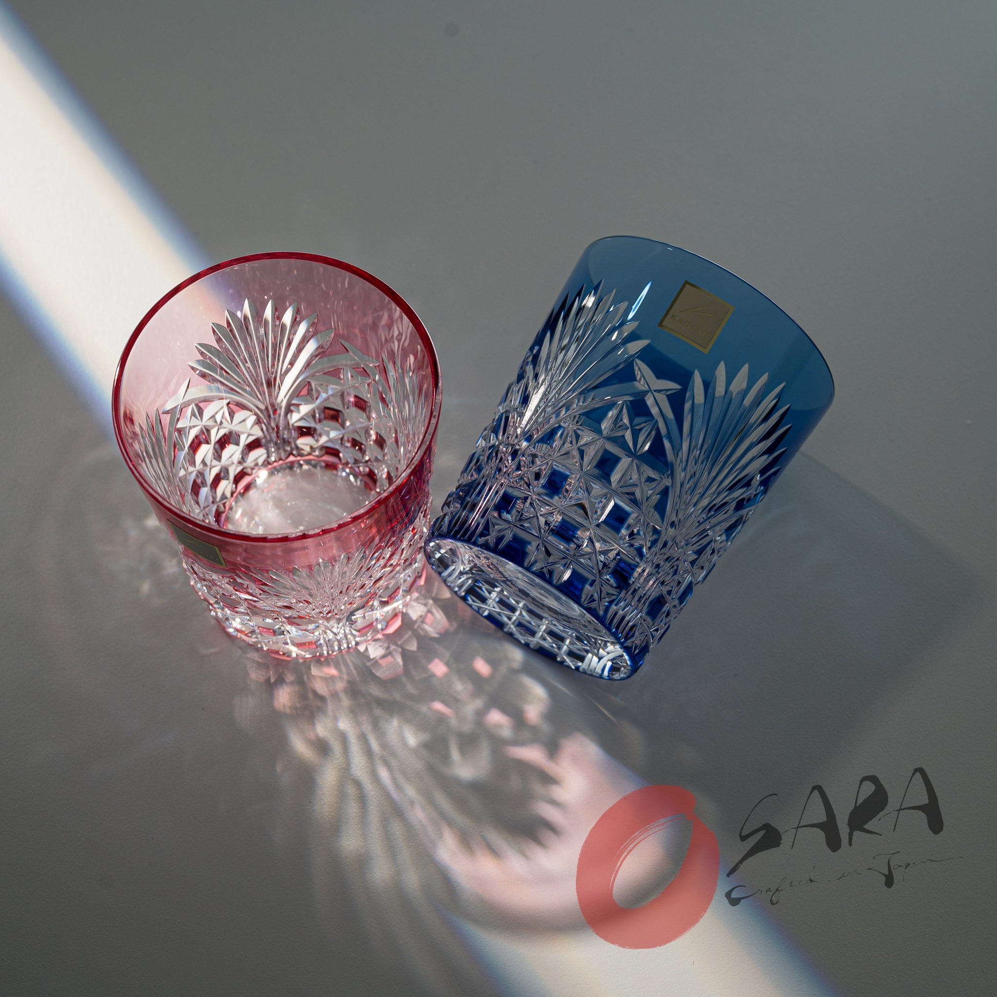 KAGAMI Crystal Edo-Kiriko Pair Whiskey Glass - 240 ml / Bamboo Leave ...